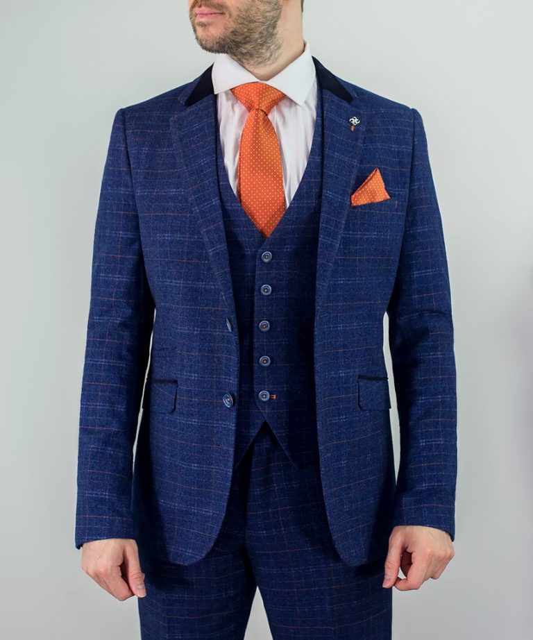 Cavani Kaiser Blue Tweed Check 3 Piece Suit Slim Fit | SuitsMe