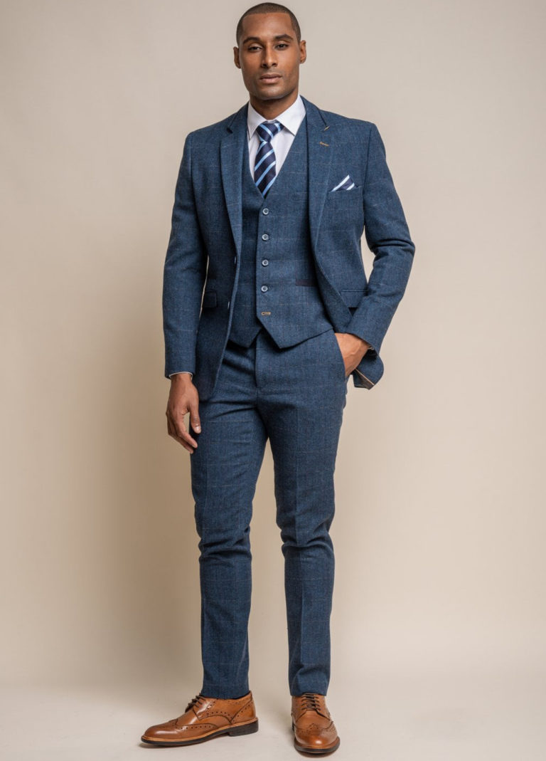 Carnegi Blue Check Tweed Wedding 3 Piece Suit Slim Fit | SuitsMe