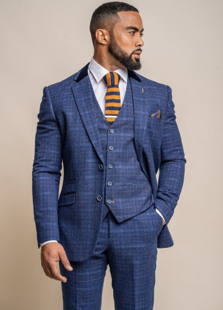 Cavani Kaiser Blue Tweed Check 3 Piece Suit Slim Fit | SuitsMe