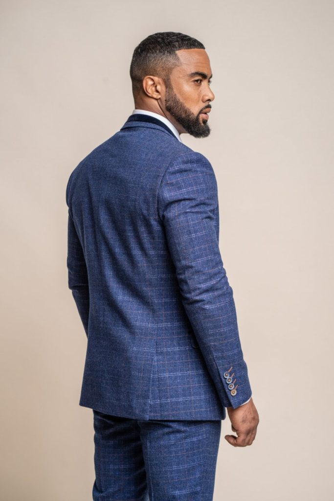 Cavani Kaiser Blue Tweed Check 3 Piece Suit Slim Fit | SuitsMe