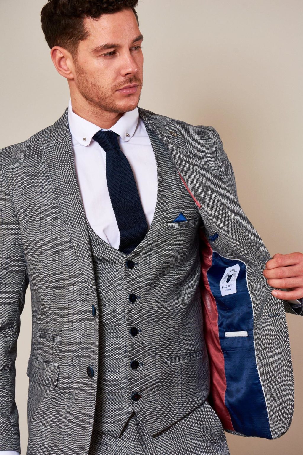 Marc Darcy Jerry Grey Check 3 Piece Suit Slim Fit | SuitsMe