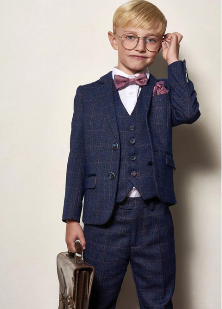 Boys Marc Darcy Harry Indigo Blue Check Tweed 3 Piece Suit | SuitsMe