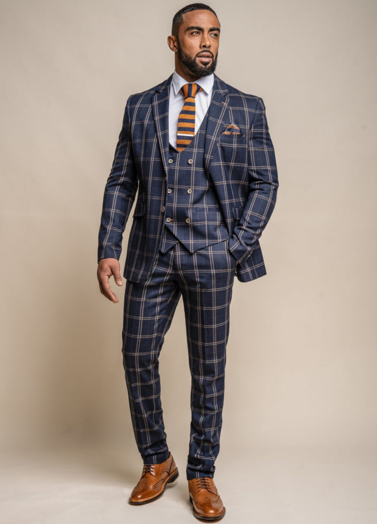 Cavani Hardy Blue & Gold Check 3 Piece Suit | SuitsMe