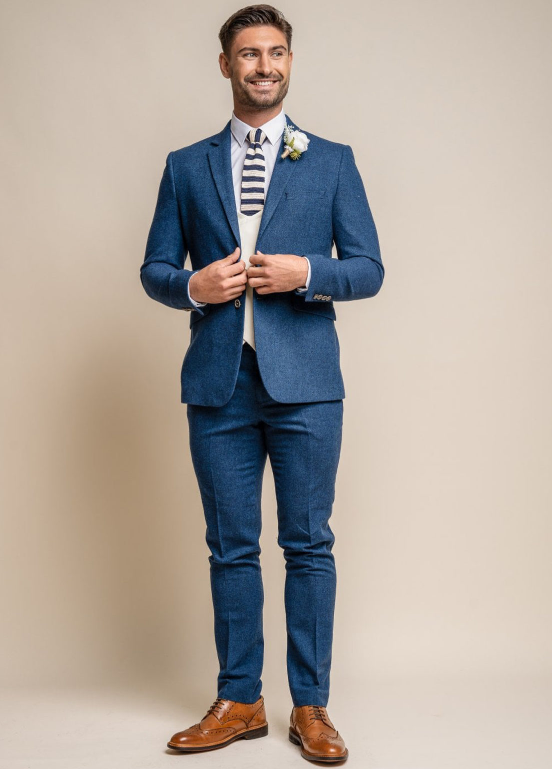 Cavani Orson Blue 3 Piece Wedding Suit With Cream Waistcoat | SuitsMe