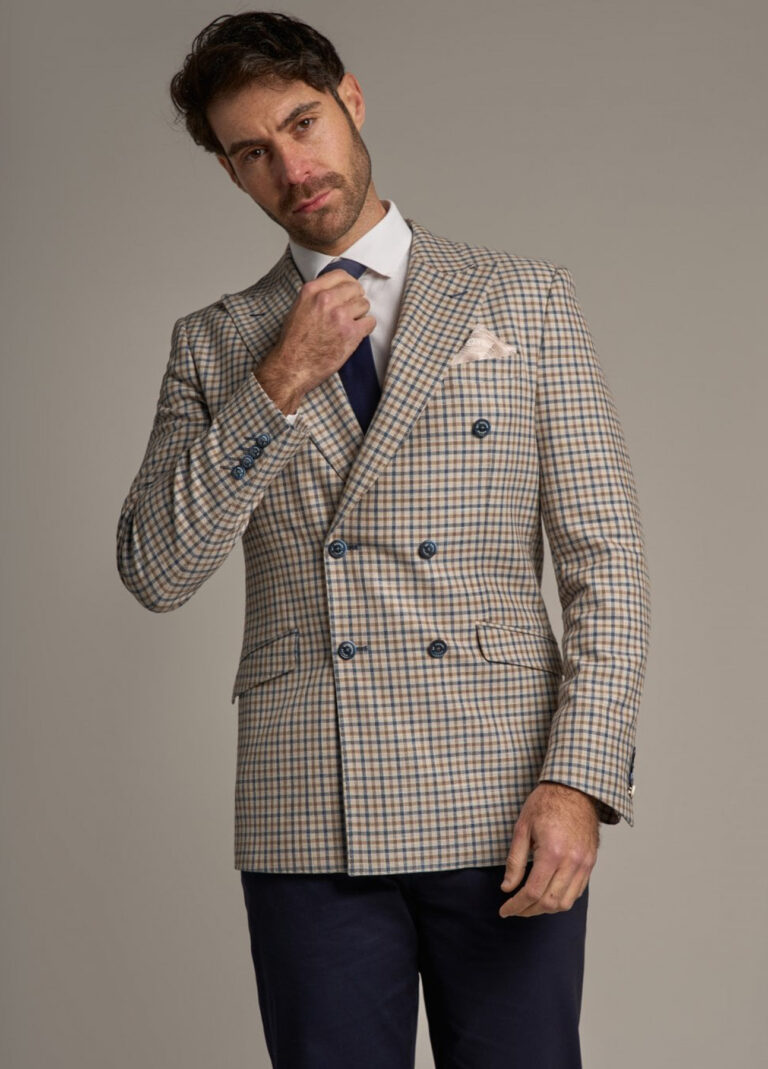 Cavani Double Breasted Contrast Blue & Tan 2 Piece Suit | SuitsMe
