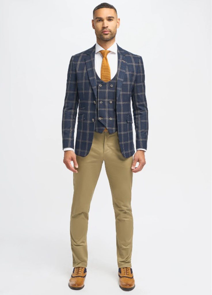 Cavani Hardy Blue 3 Piece Contrast Suit With Stone Chinos | SuitsMe