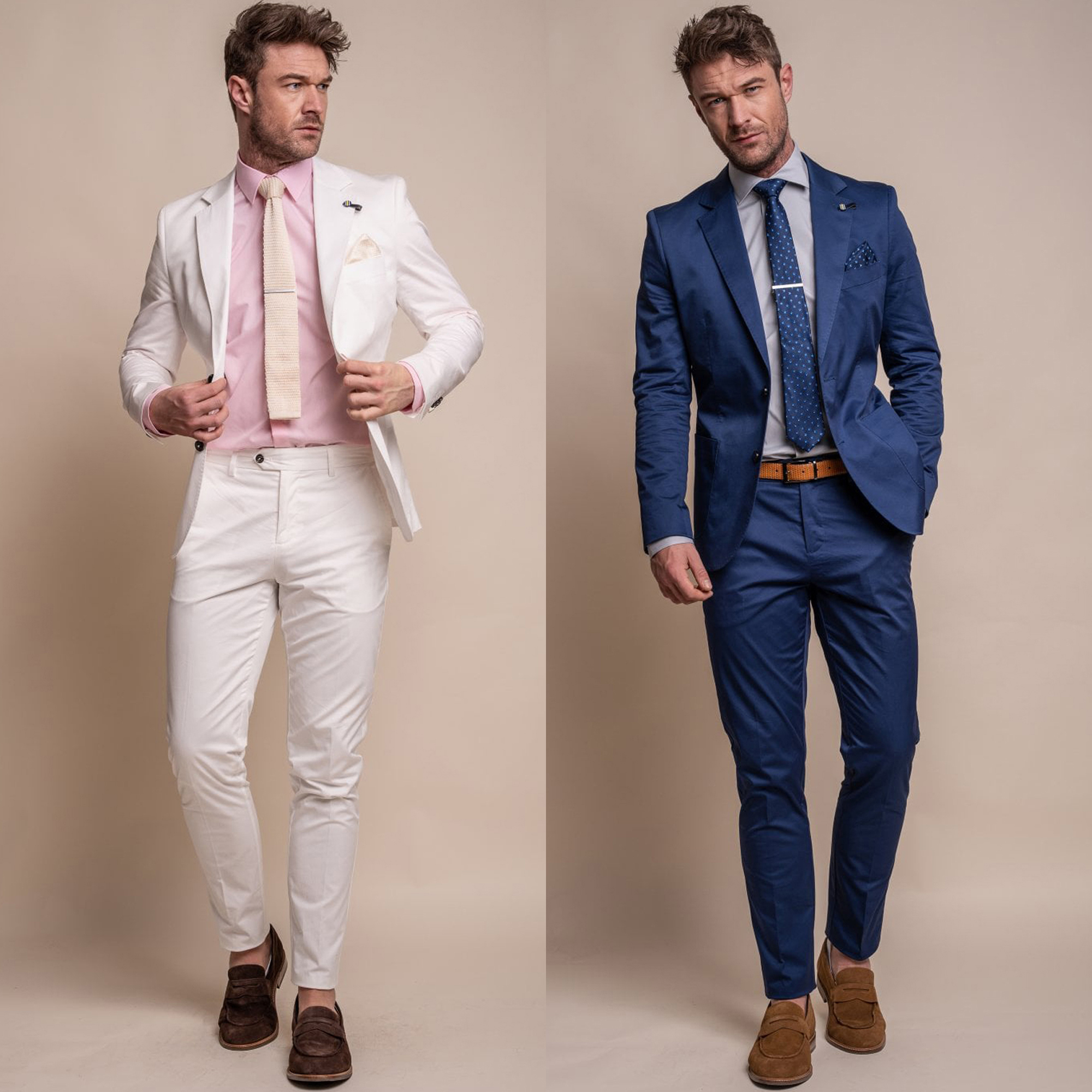 Cavani Mario Blue & Ecru Glazed Cotton 2 Piece Slim Fit Suit | SuitsMe